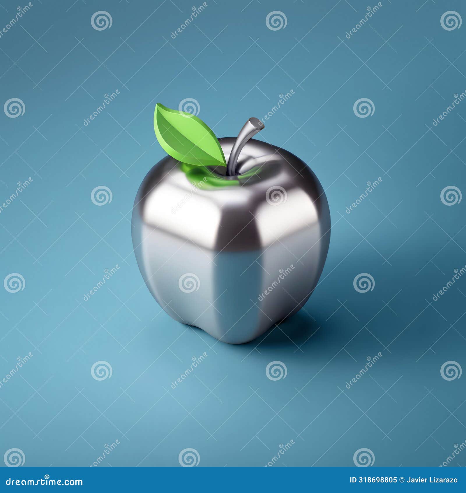 Metallic Apple on Cyan Background with Green Leaf Stock Illustration ...