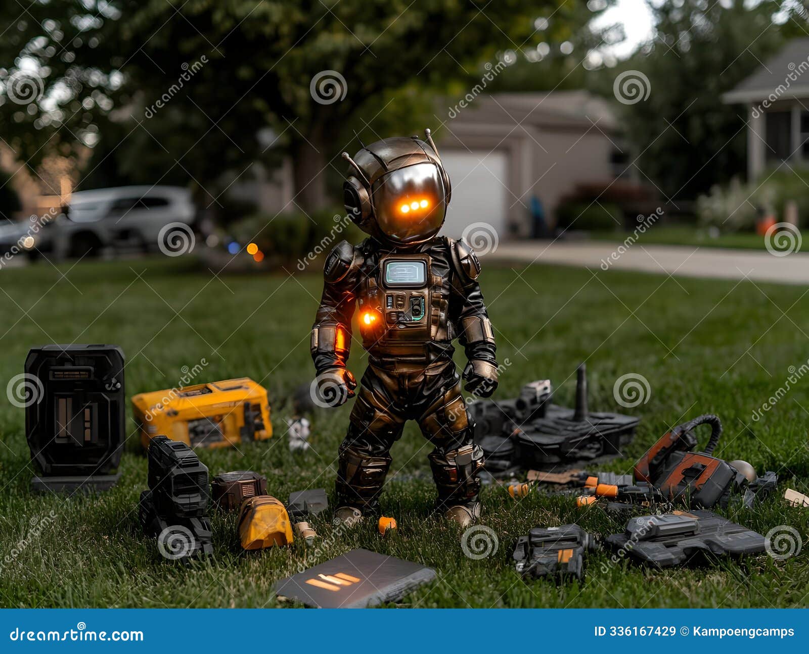 A Metallic Astronaut Figure Surrounded by Various Tools and Gadgets on ...