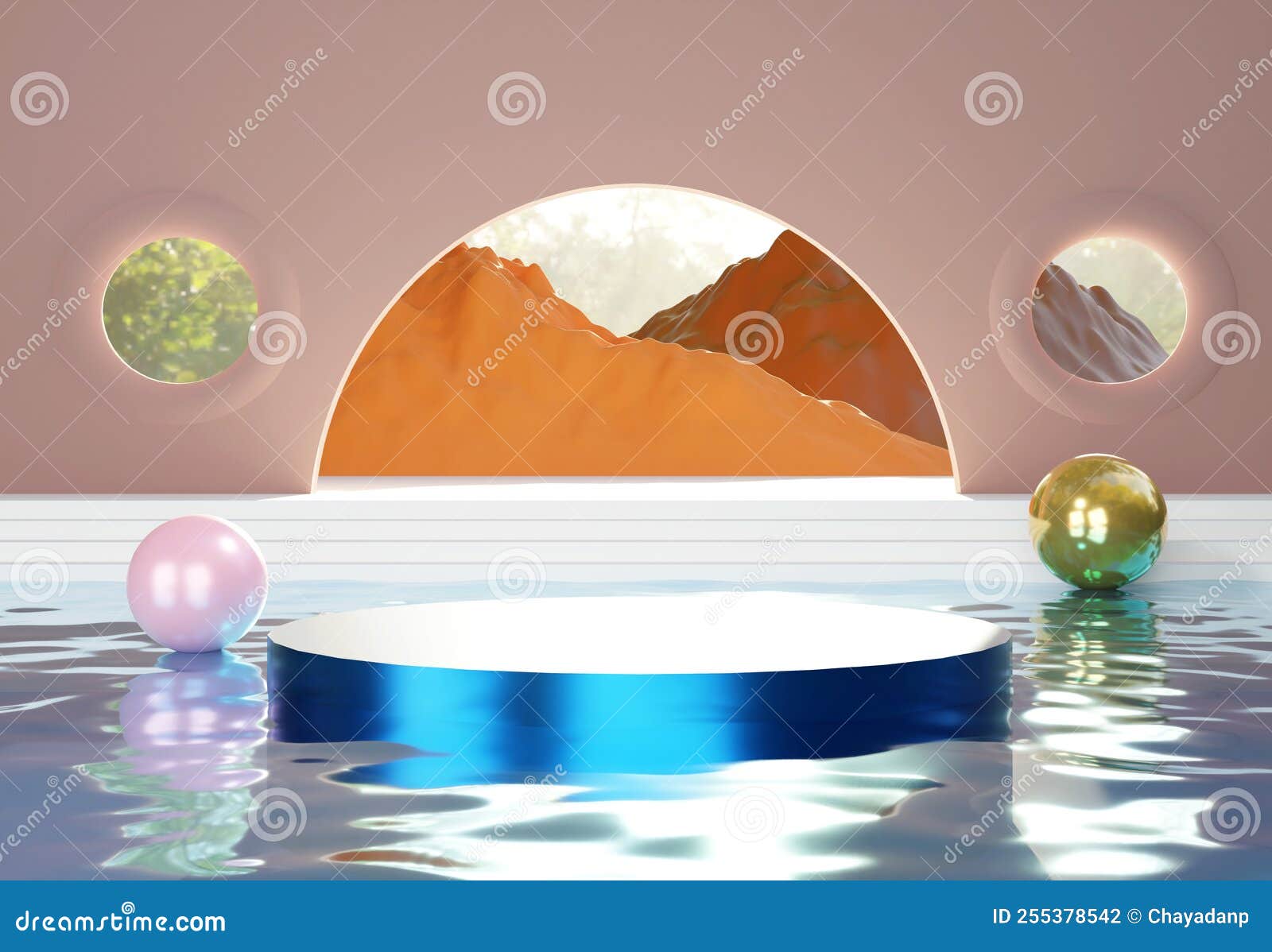 Metallic Blue Podium with Pink and Gold Spherical Objects in Pool ...
