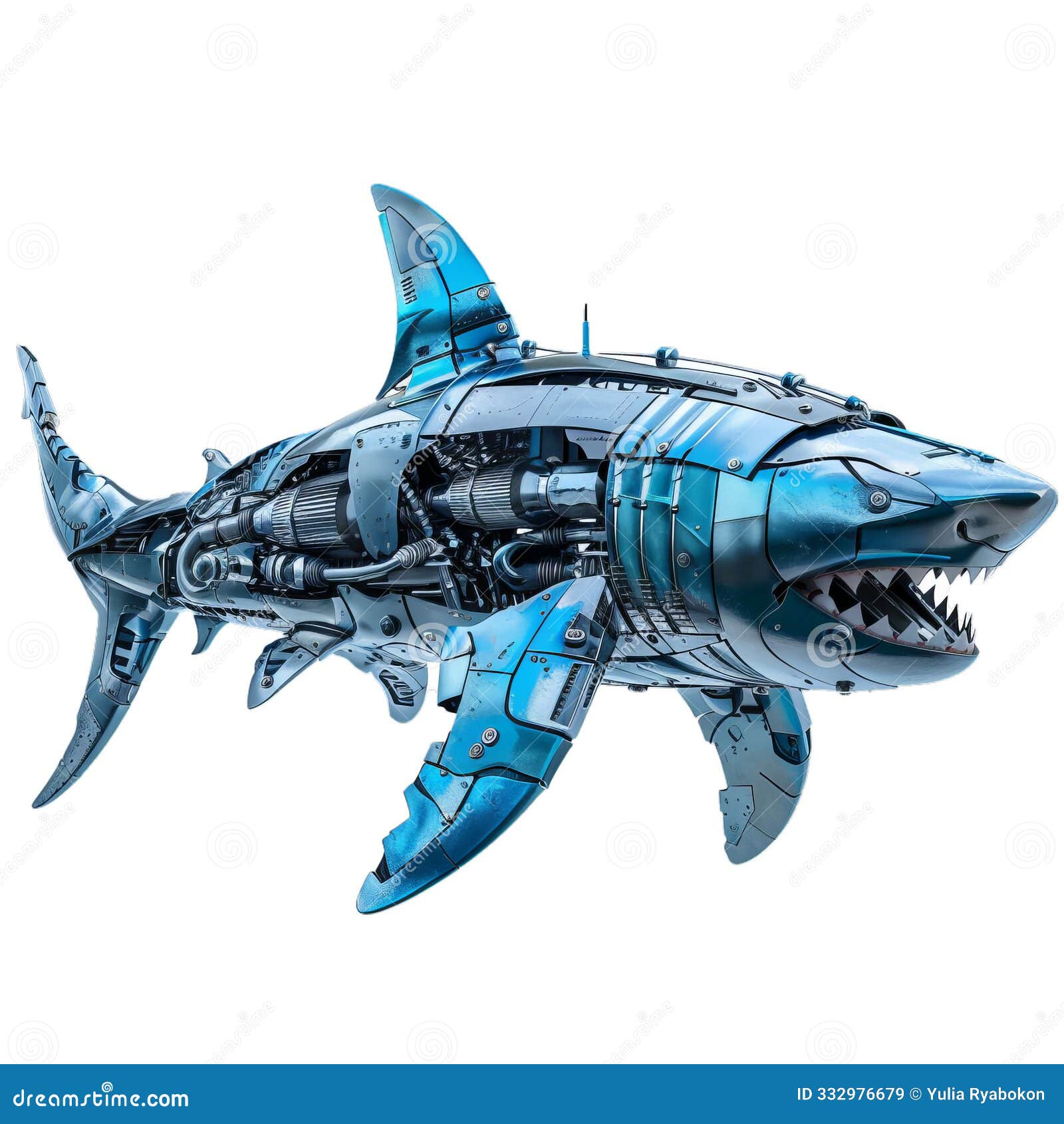 Metallic Blue Shark Robot Swimming and Showing Its Sharp Teeth Stock ...