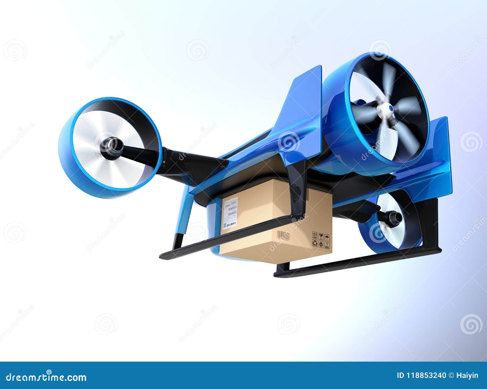 Metallic Blue VTOL Drone Carrying Delivery Package Flying in the Sky ...