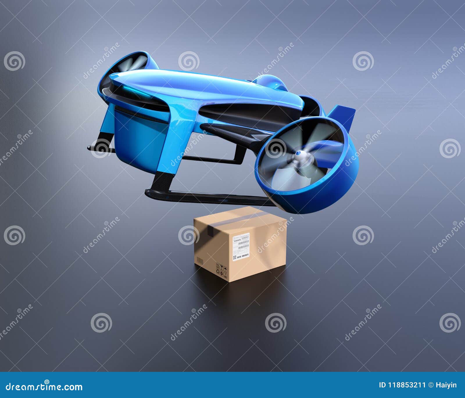 Metallic Blue VTOL Drone Carrying Delivery Packages Takeoff from Black ...