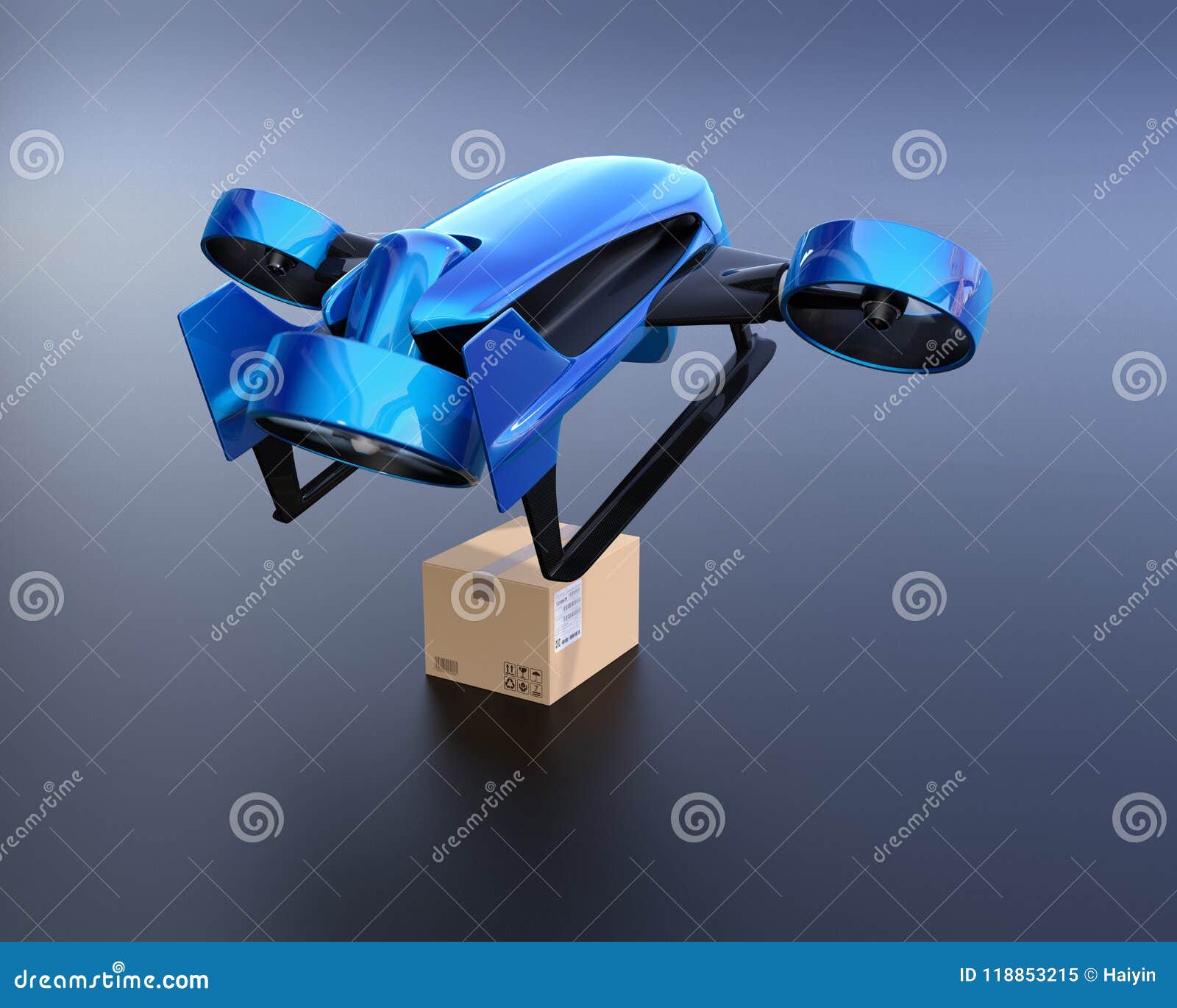 Metallic Blue VTOL Drone Carrying Delivery Packages Takeoff from Black ...