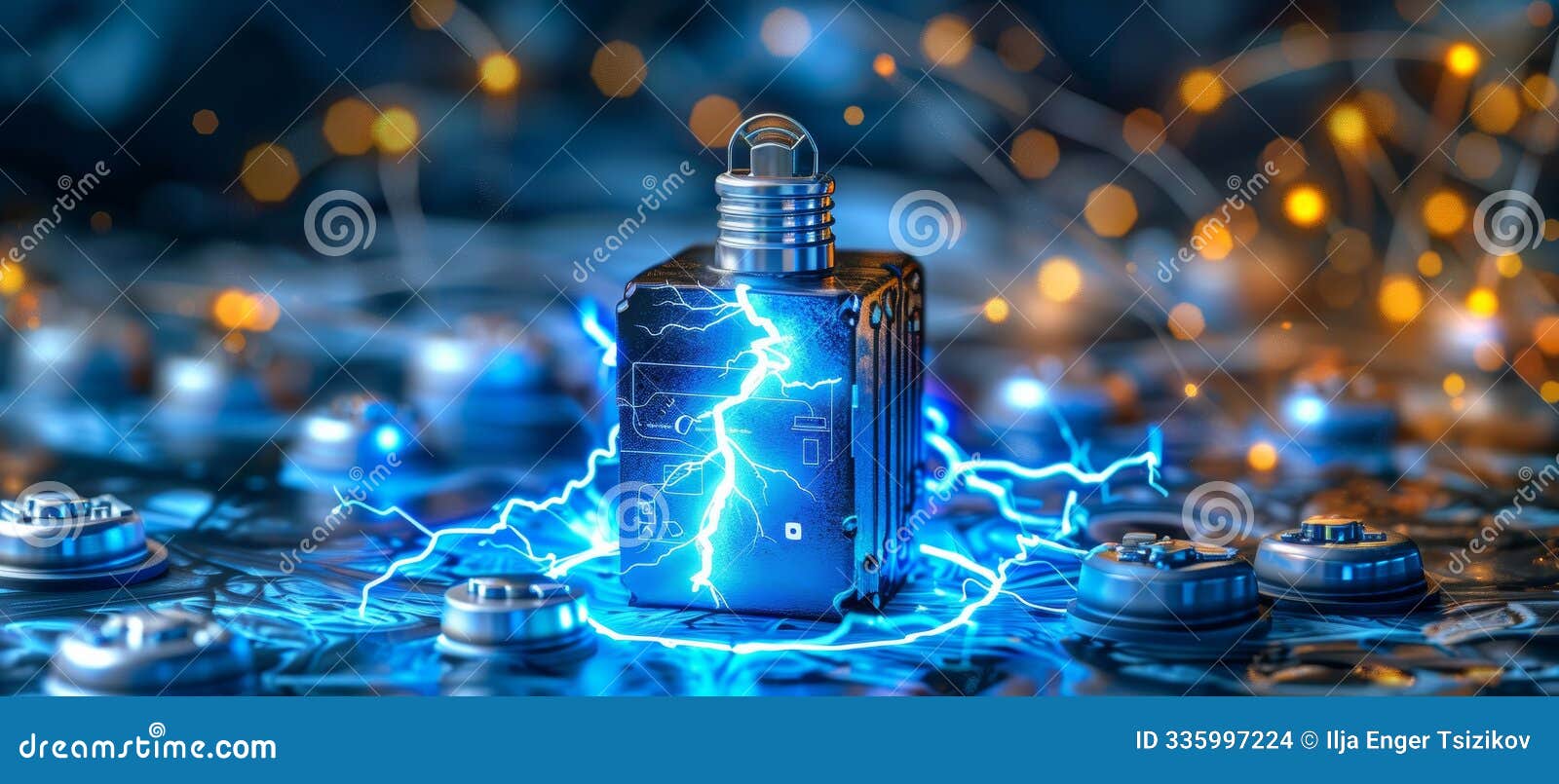 Metallic Box with Lightning, Symbolizing Power Source, Electrical Storm ...