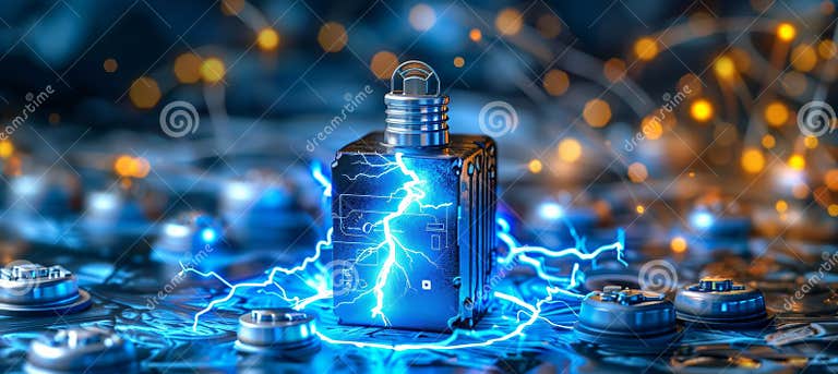 Metallic Box with Lightning, Symbolizing Power Source, Electrical Storm ...