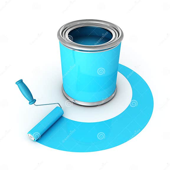 Metallic Can with Blue Paint and Roller Brush Stock Illustration ...