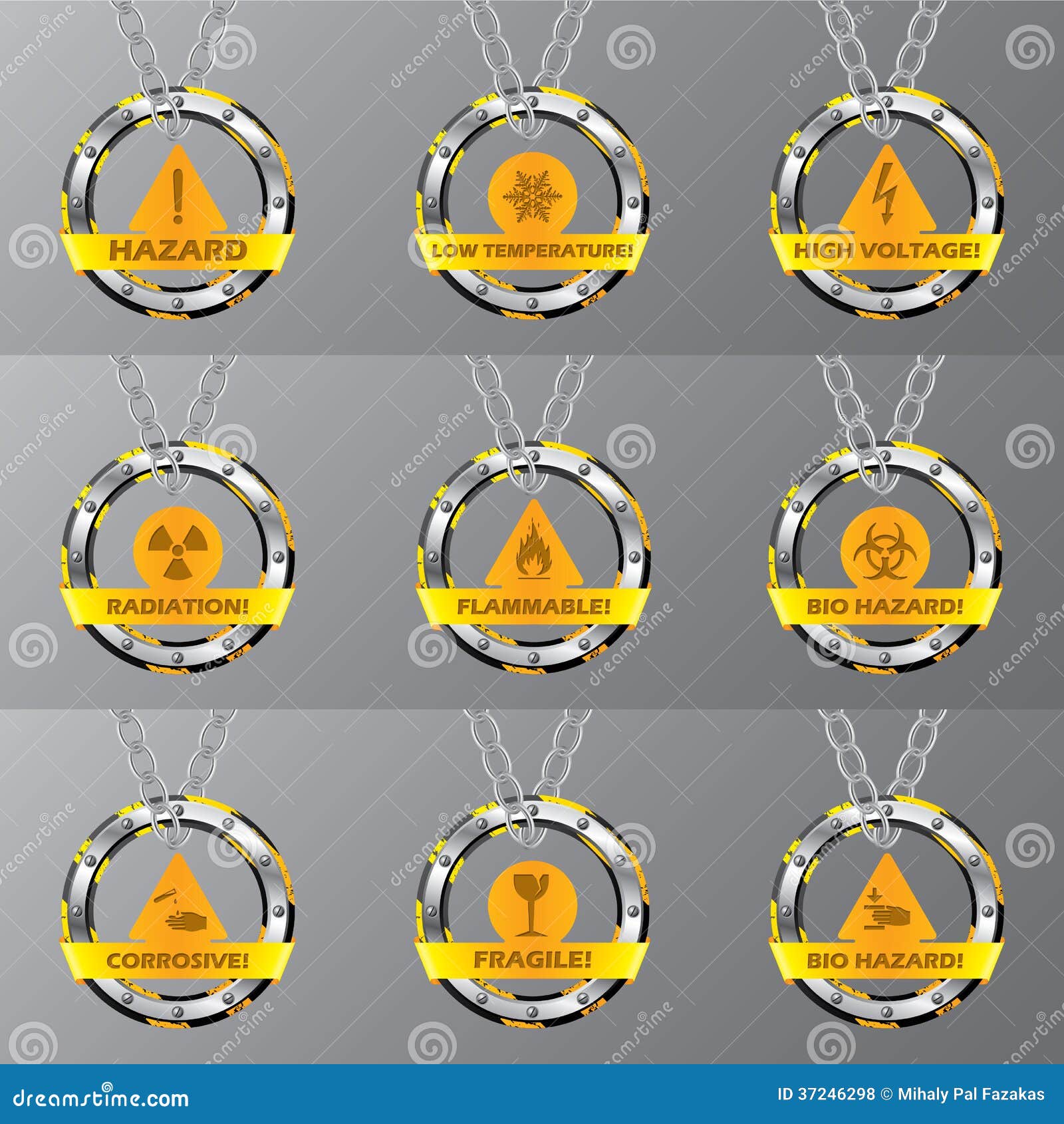 Metallic Caution Signs Hanging on Chains Stock Vector - Illustration of ...