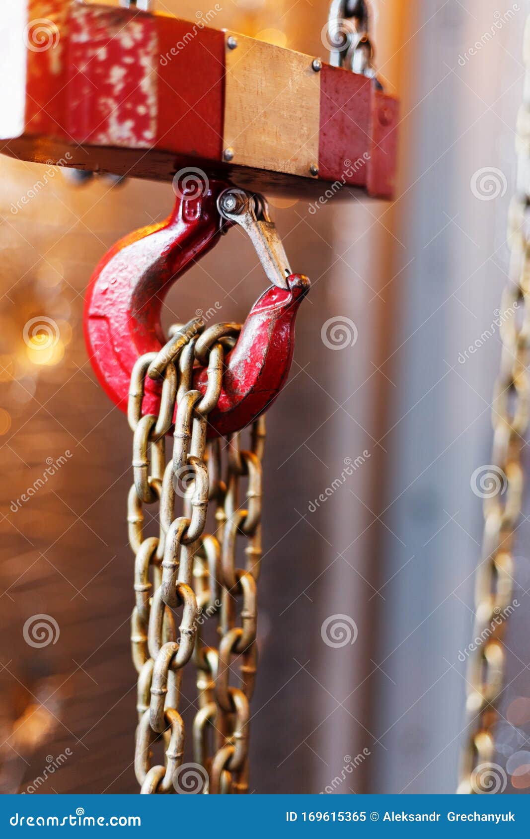 Metallic Chain Handle with Red Hook in Technical Room. Crane Cargo Hook ...