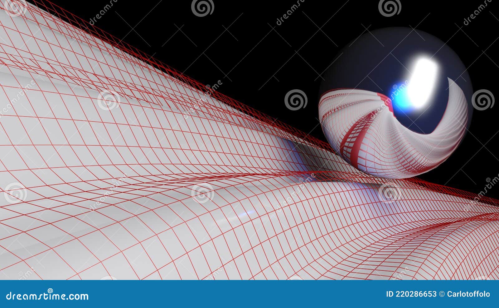 Metallic Chrome Sphere Over a White Waved Surface with Red Grid - 3D ...