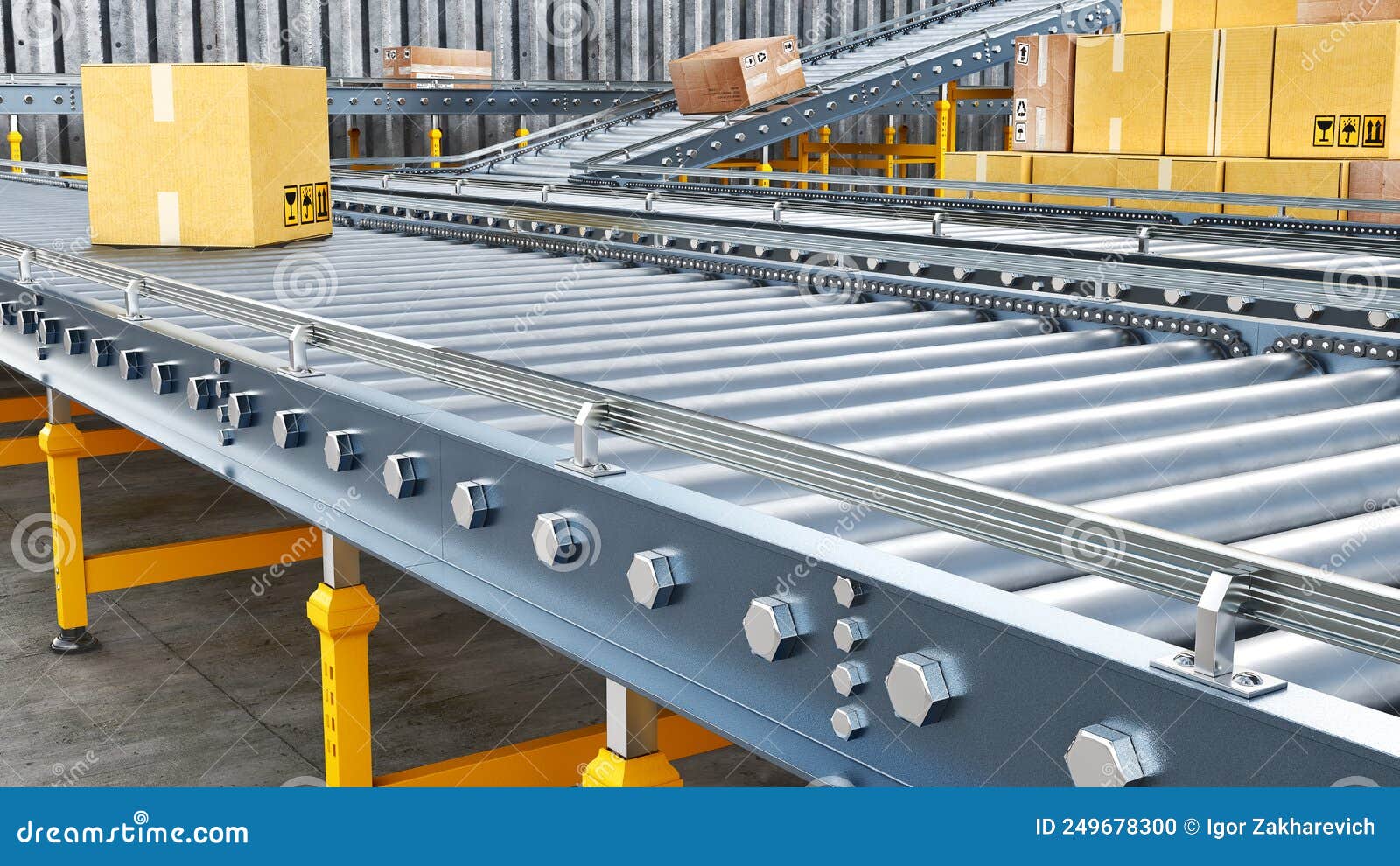 Metallic Conveyors with Boxes are Stretching Far Away, Stack of Boxes ...