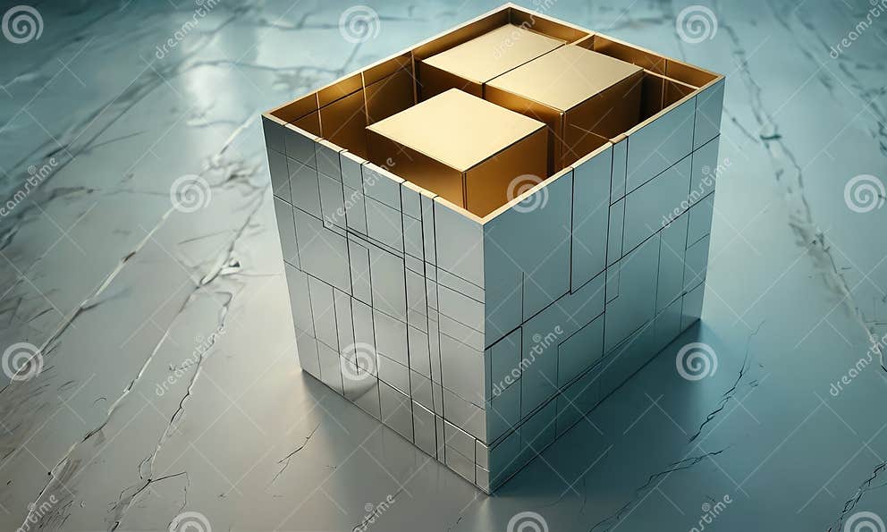 Metallic Cube with Golden Interior Sits on Marble Floor, Casting Shadow ...