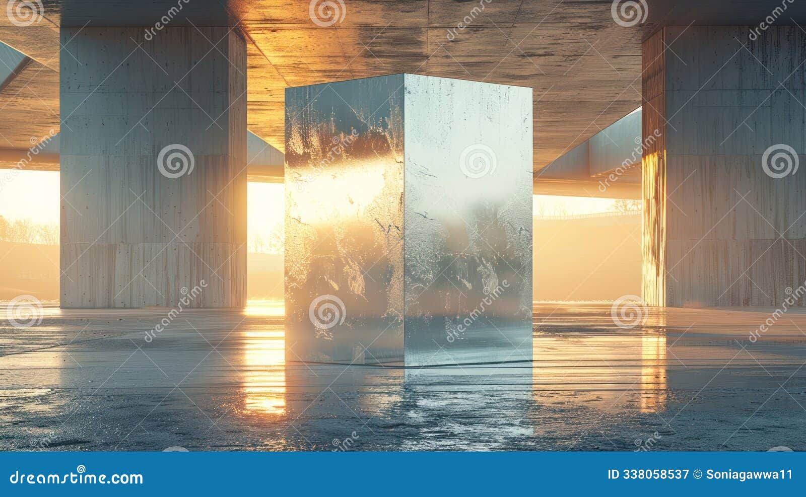 A Metallic Cube Sits in a Concrete Structure, Reflecting the Golden ...