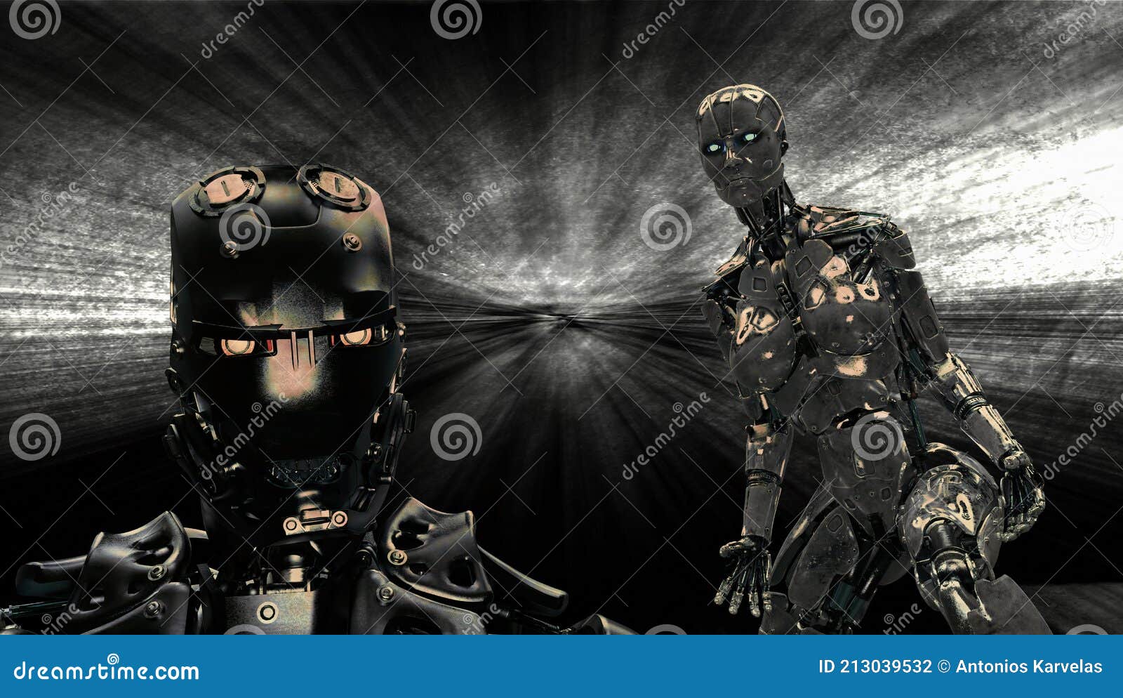 Metallic Cyborg and Robot on Black Background Stock Illustration ...