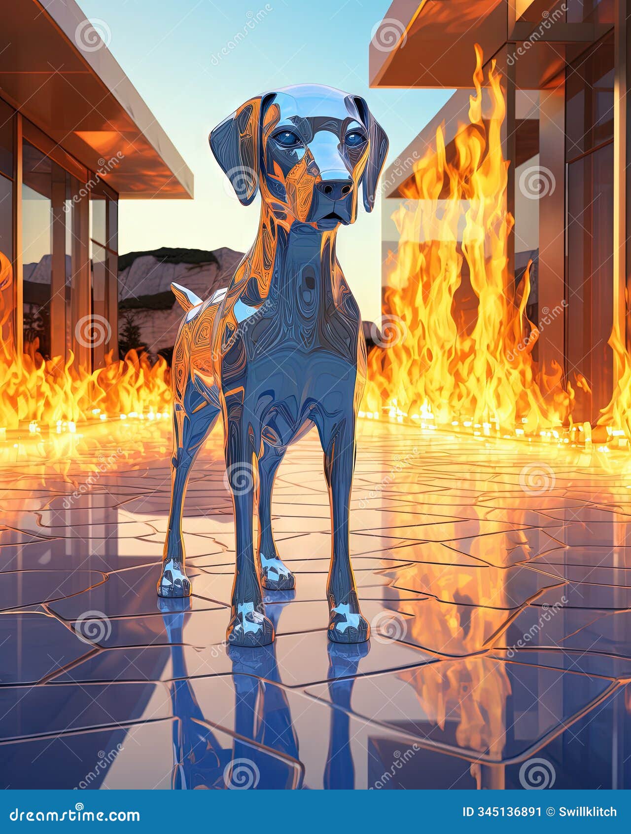 Metallic Dog Standing on Reflective Surface with Flames in Modern ...