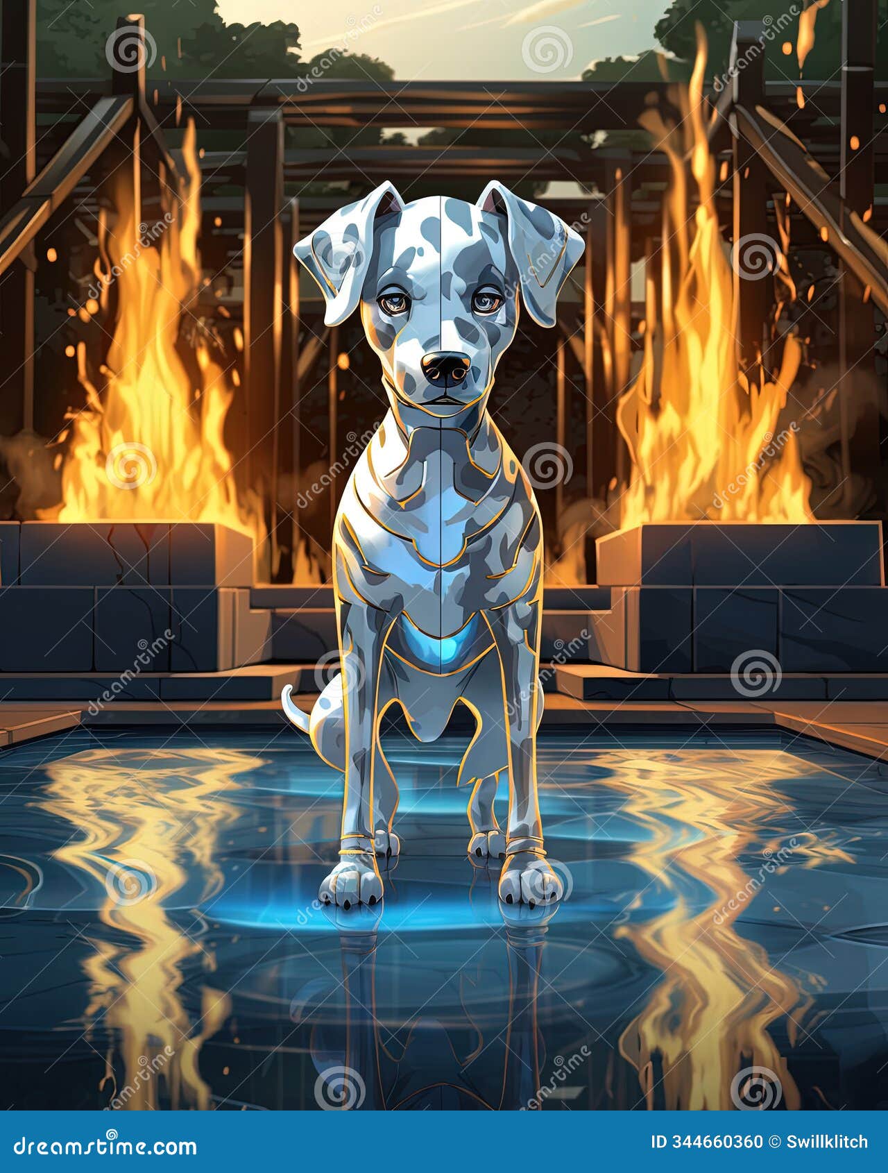 Metallic Dog Standing on Reflective Surface with Flames in Modern ...