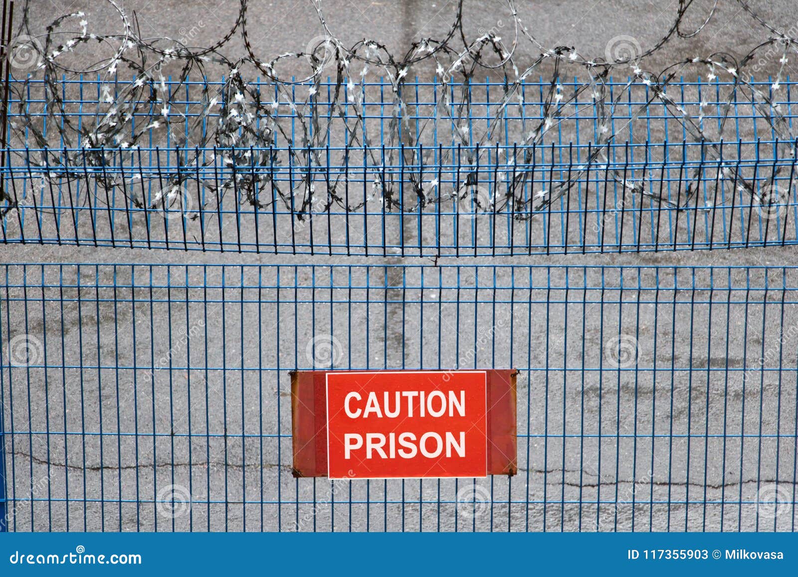 Metallic Fence with Red Warning Sign Caution Prison. Stock Image ...