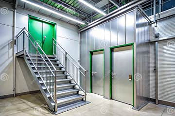 "Metallic Fire Exit Doors with Staircase and Handrails Stock ...