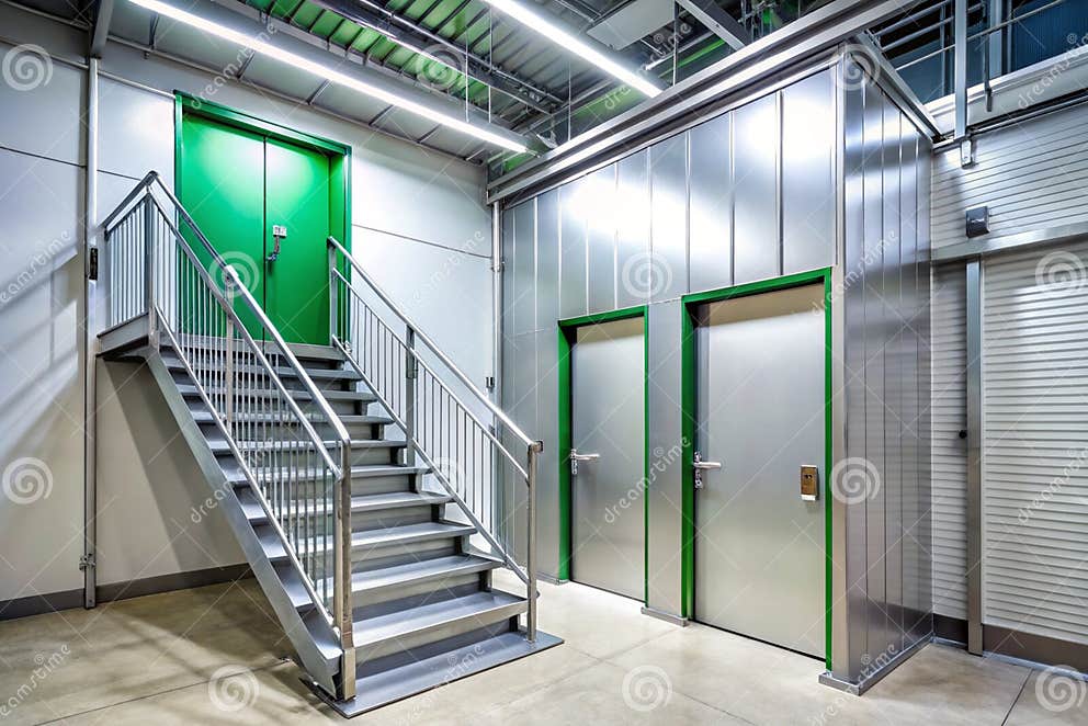 "Metallic Fire Exit Doors with Staircase and Handrails Stock ...