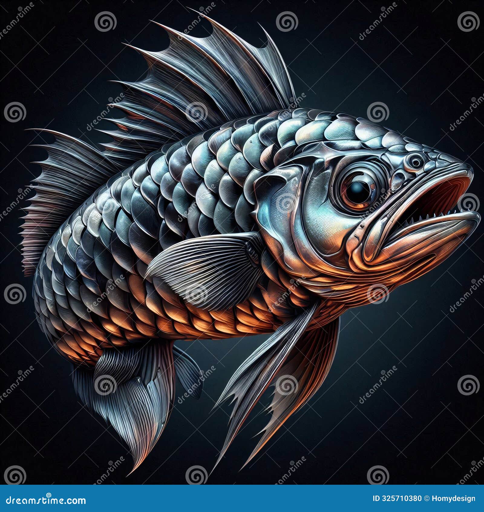 A Metallic Fish with Sharp Fins and Scales Gleams in the Dark Stock ...
