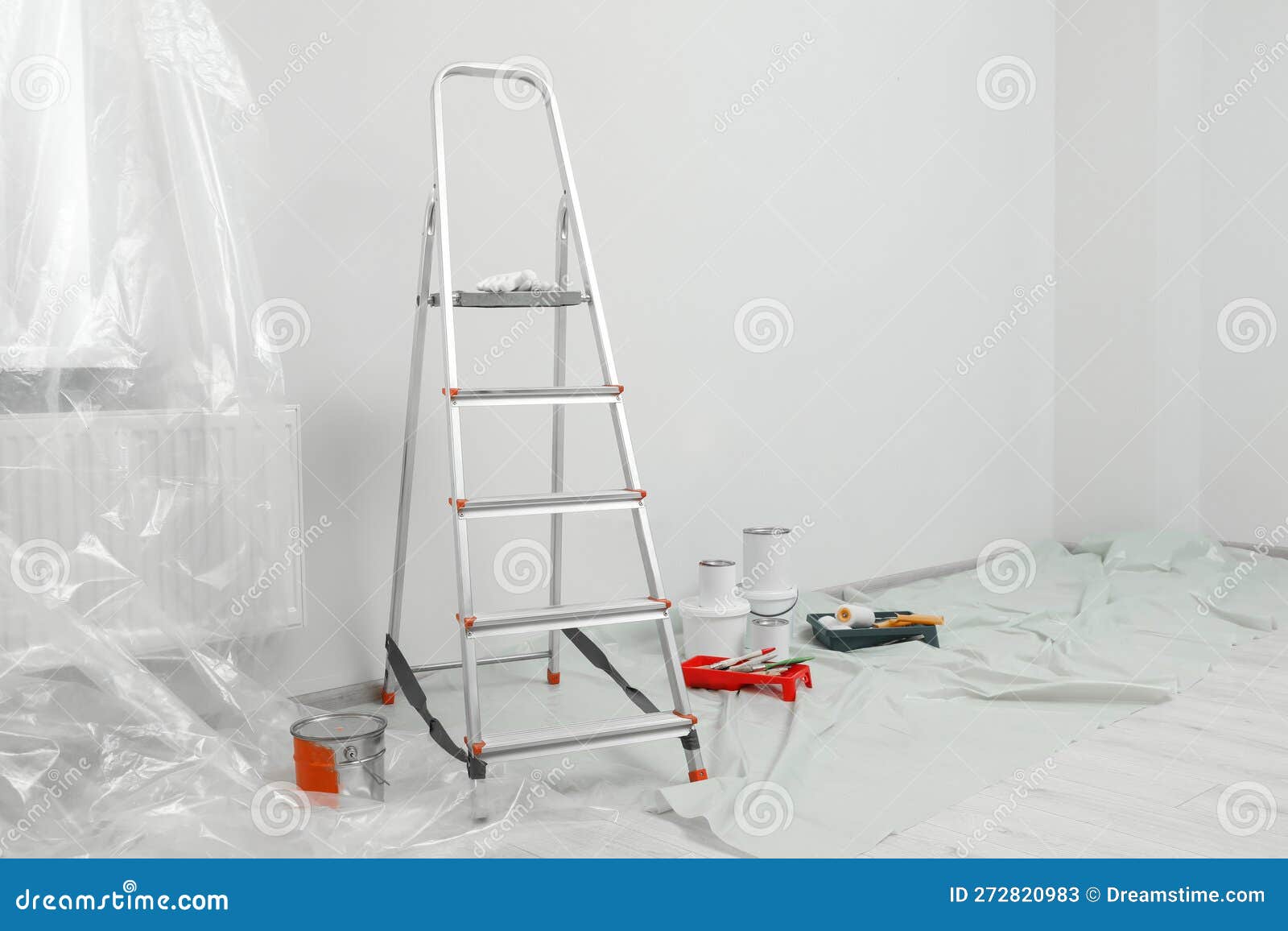 Metallic Folding Ladder and Painting Tools Indoors Stock Image - Image ...
