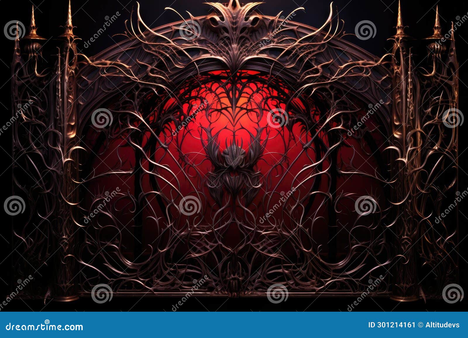Metallic Gate with Intricate Devilish Engravings, Backlit by Crimson ...