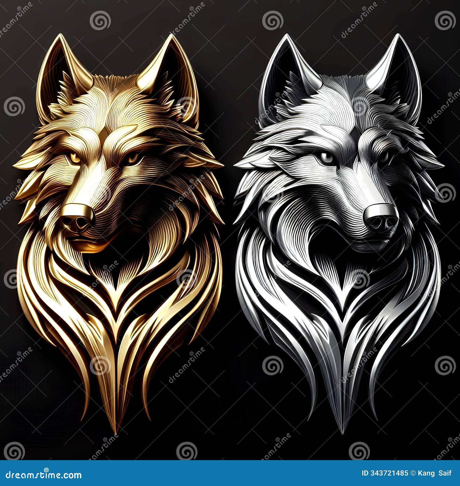 Metallic Gold and Silver Two Wolves Logo Stock Image - Image of mammal ...