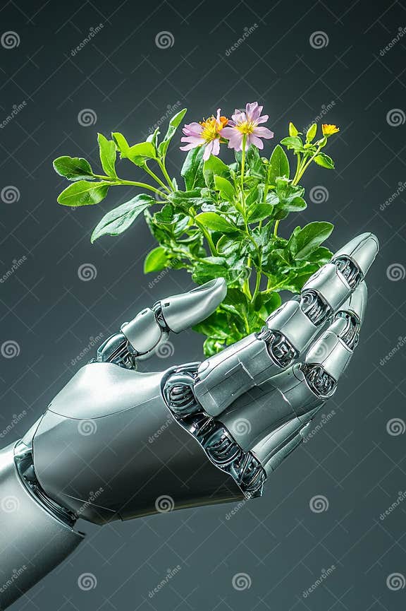 Metallic Hand Cradles Delicate Spring Flowers, Symbolizing the Fusion ...