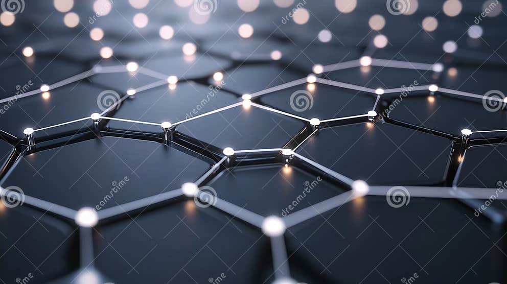 Metallic Hexagons Connected by Bright White Lines on a Dark Gray ...