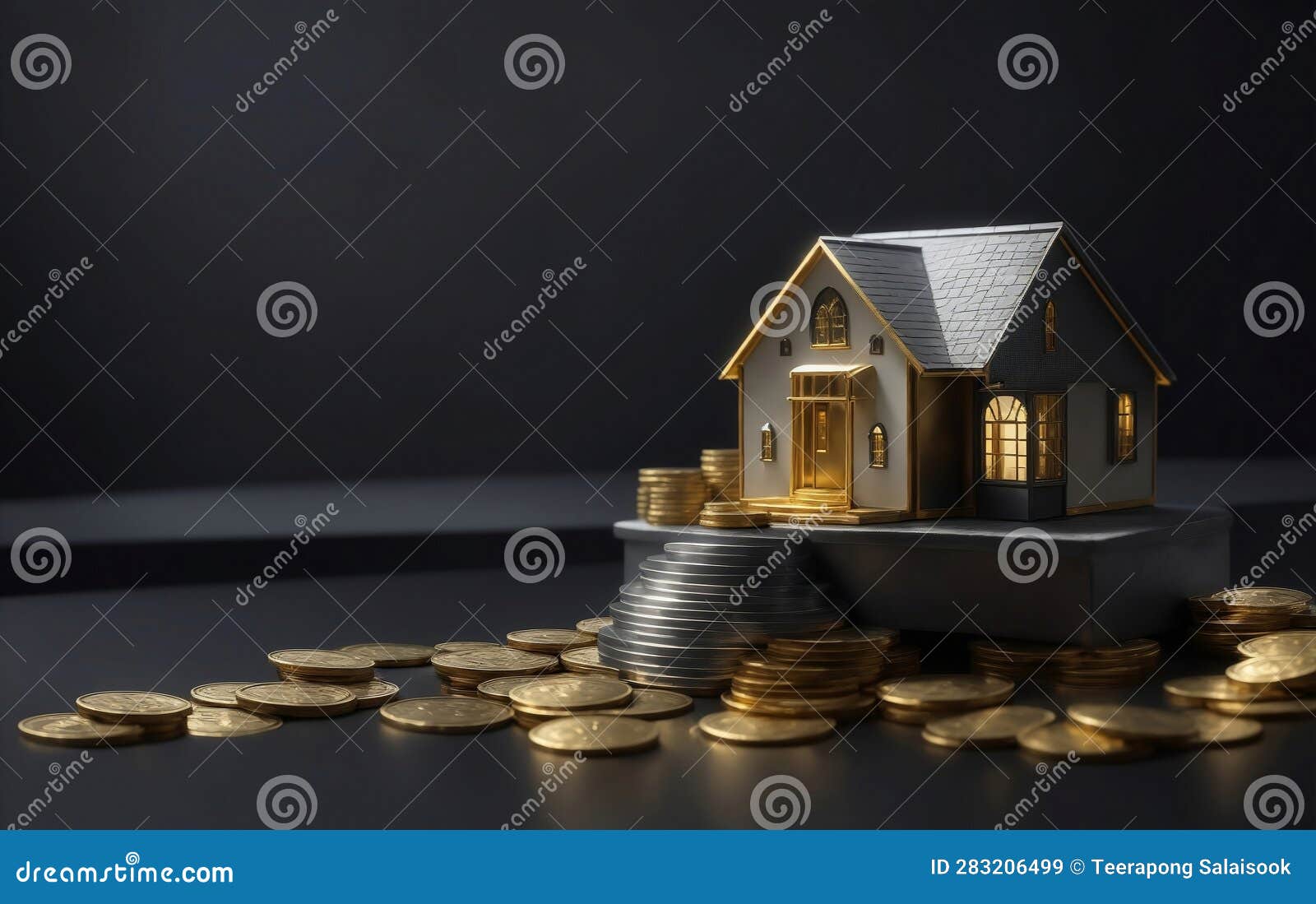 Metallic House with Gold and Silver Coins, Generative AI Illustration ...