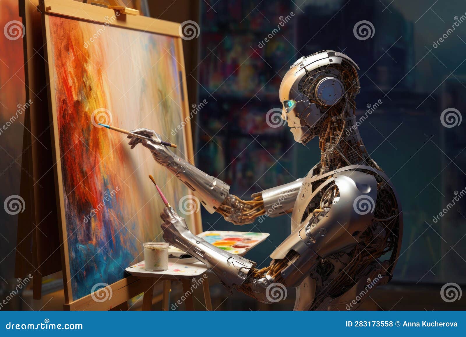 Metallic Humanoid Robot Painting on Canvas with a Brush, Concept of ... Metallic Humanoid Robot Painting on Canvas with a Brush, Concept of ...