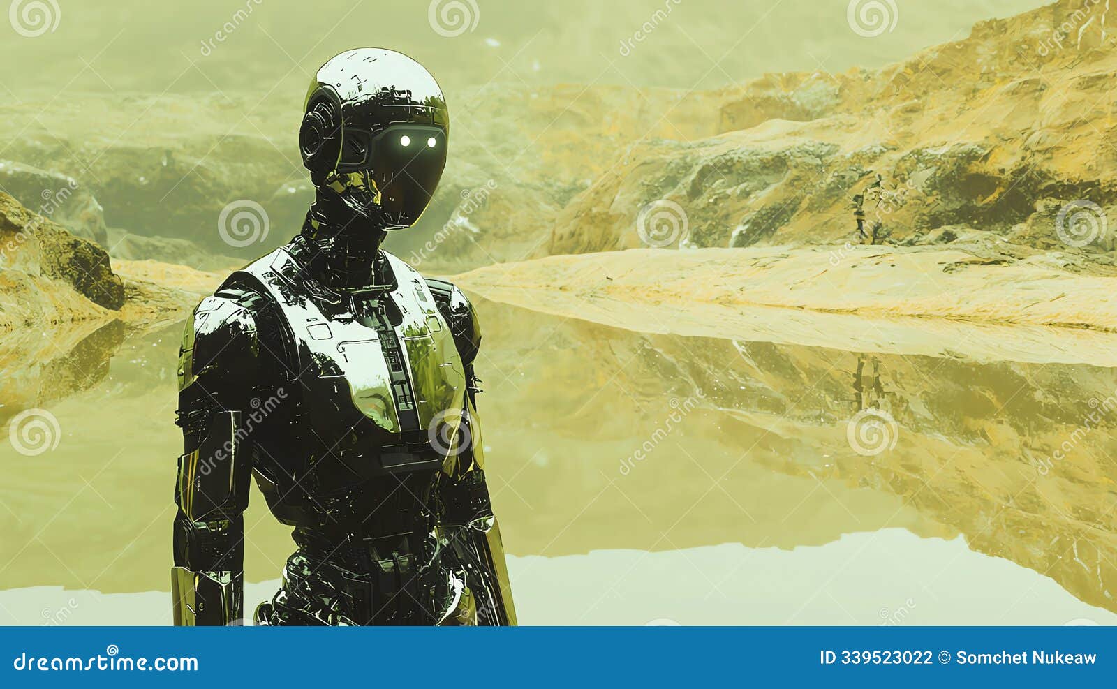 A Metallic Humanoid Robot Stands in a Desolate Landscape Stock ...