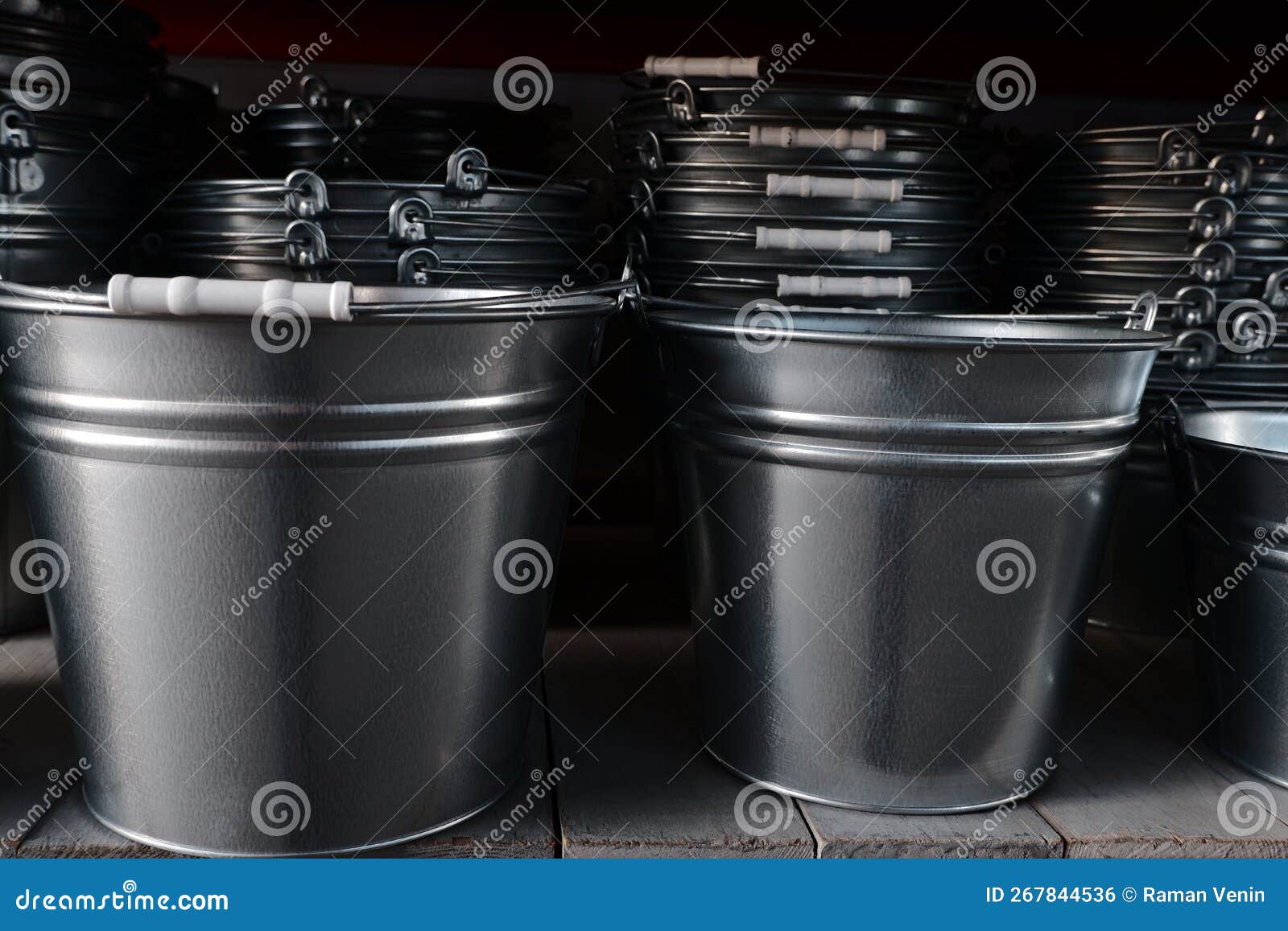 Metallic Iron Shiny Buckets are Stacked and for Sale. Stock Photo ...