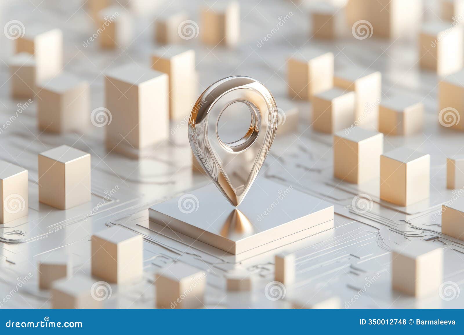 Metallic Location Pin on Map with Minimalist Cube Structures Stock ...