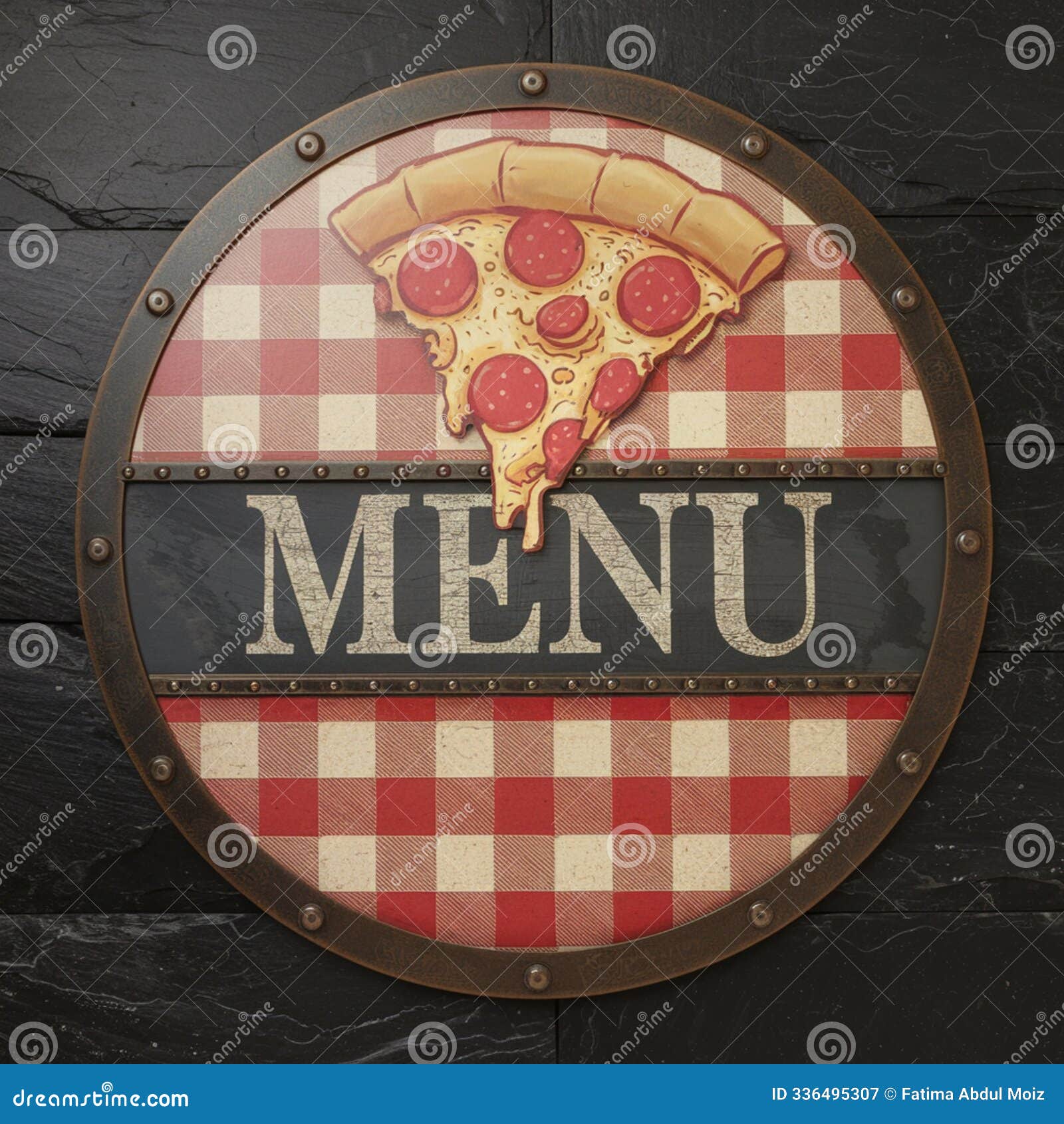 Metallic Pizza Menu Board, Rustic Charm with Red Checkered Background ...