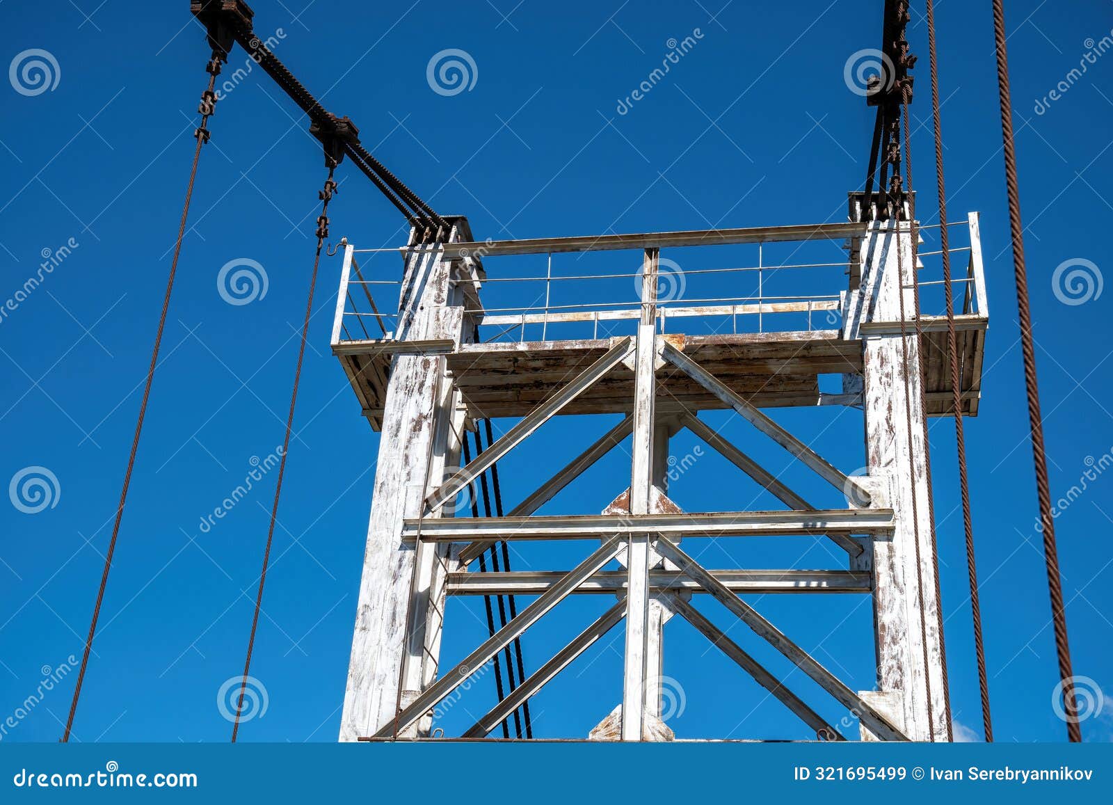Metallic River Bridge with Long Iron Chains and Cables Stock Image ...