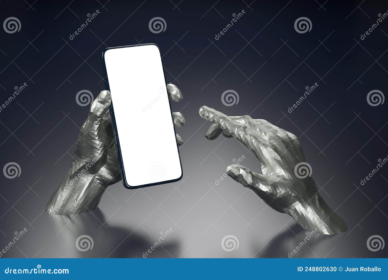 Metallic Sculpture of Two Hands Holding a Mobile Phone with a Blank ...