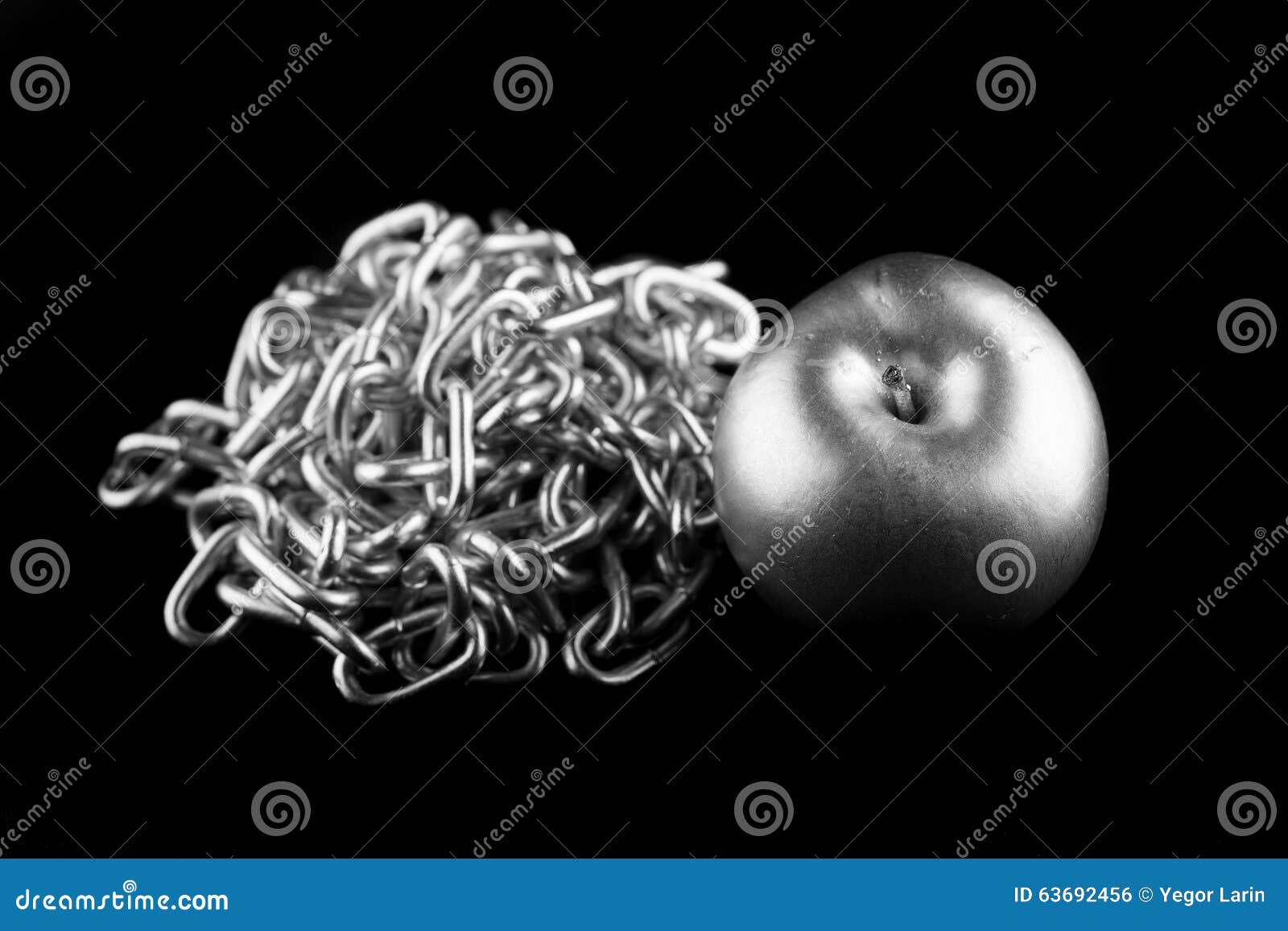 Metallic Silver Colored Apple and Chain Closeup on Black Background ...