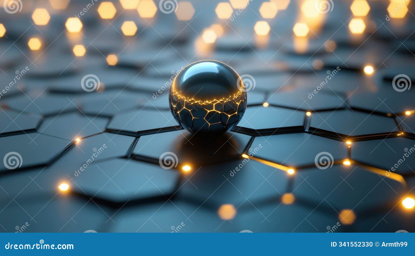 Metallic Sphere on a Hexagonal Pattern with Glowing Lights Stock ...