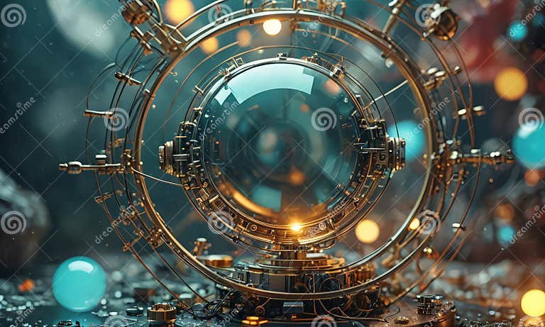 Metallic Sphere with Reflective Surface is Surrounded by Complex Network Gears and Wires, with ...