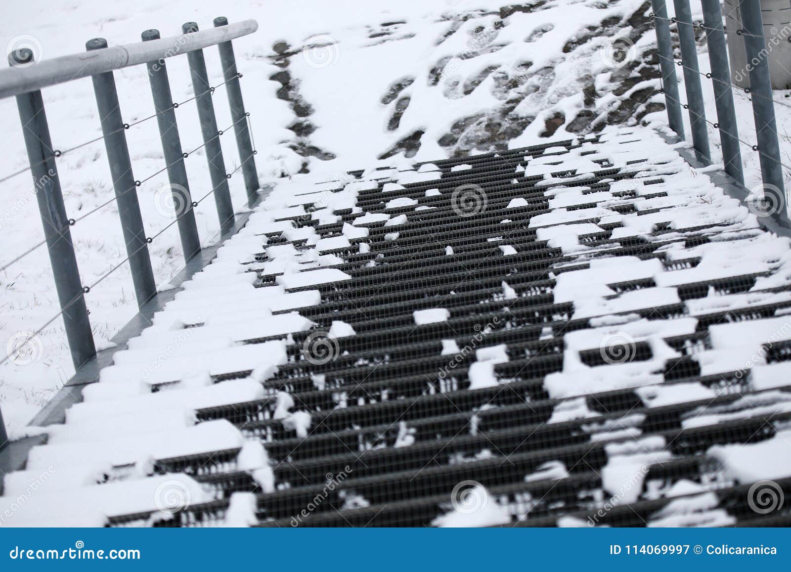 Metallic Stairs with snow stock image. Image of futuristic - 114069997