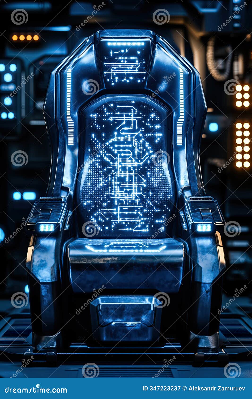 A Metallic Throne with Glowing Circuit Designs Sits in a High-tech ...