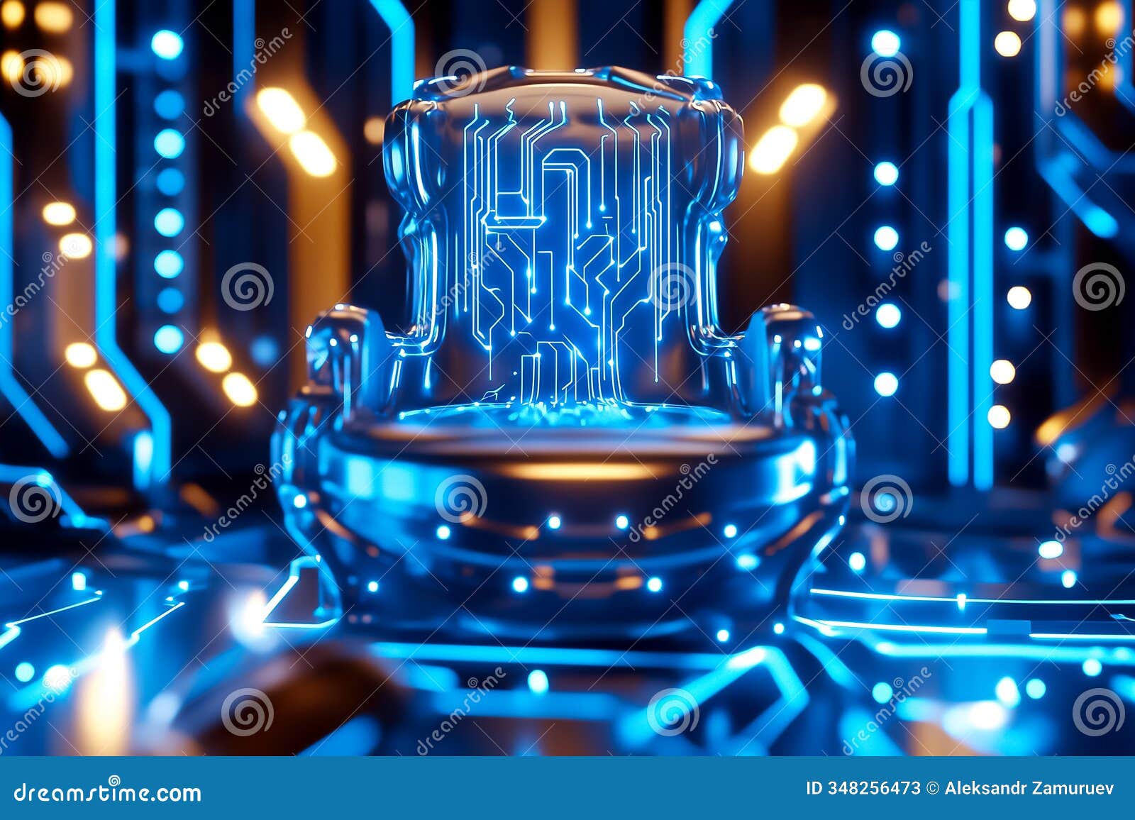 A Metallic Throne with Glowing Circuits is at the Center of a High-tech ...