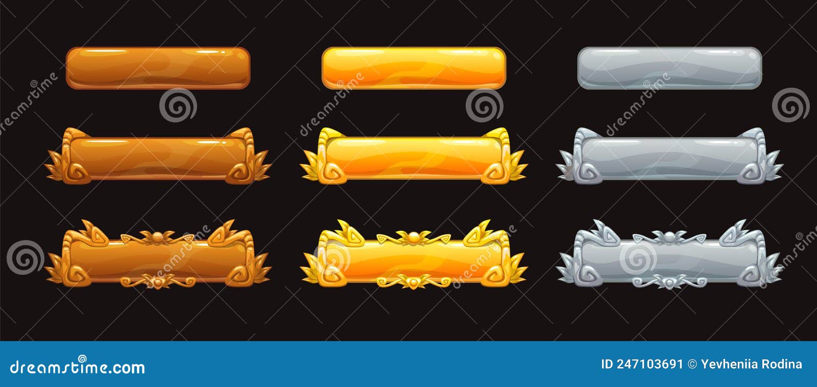 Metallic Title Banners Set For Epic Game Design. Golden, Silver And ...