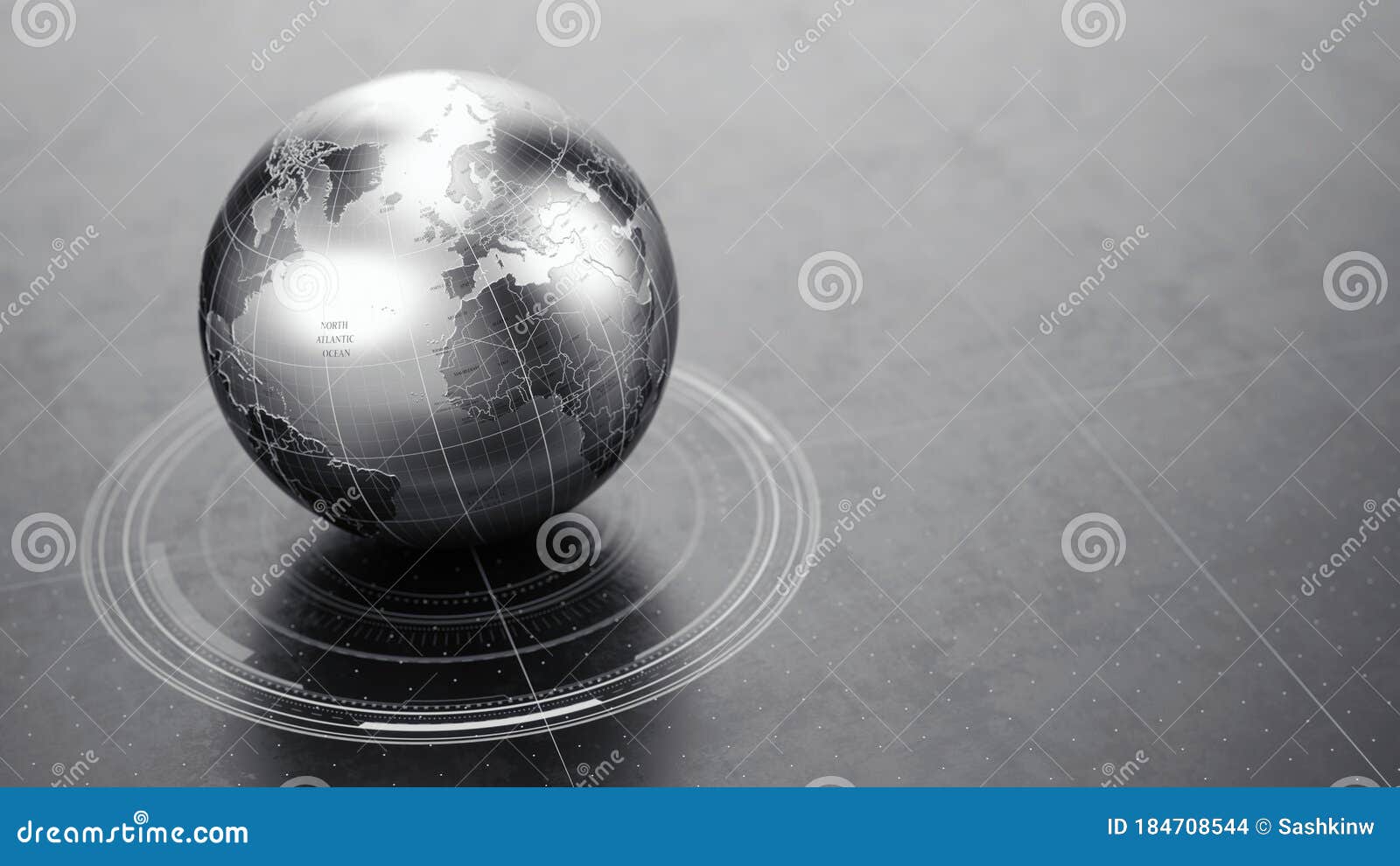 Metallic World Globe on Dark Reflective Surface Stock Illustration ...