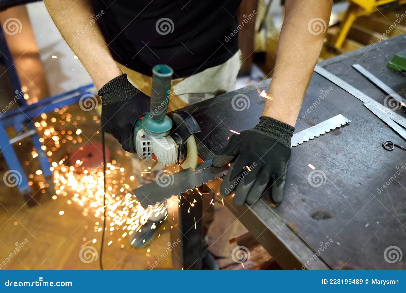 Metalwork Craftsman Cutting Metal with Grinder Tools. Worker Man in ...