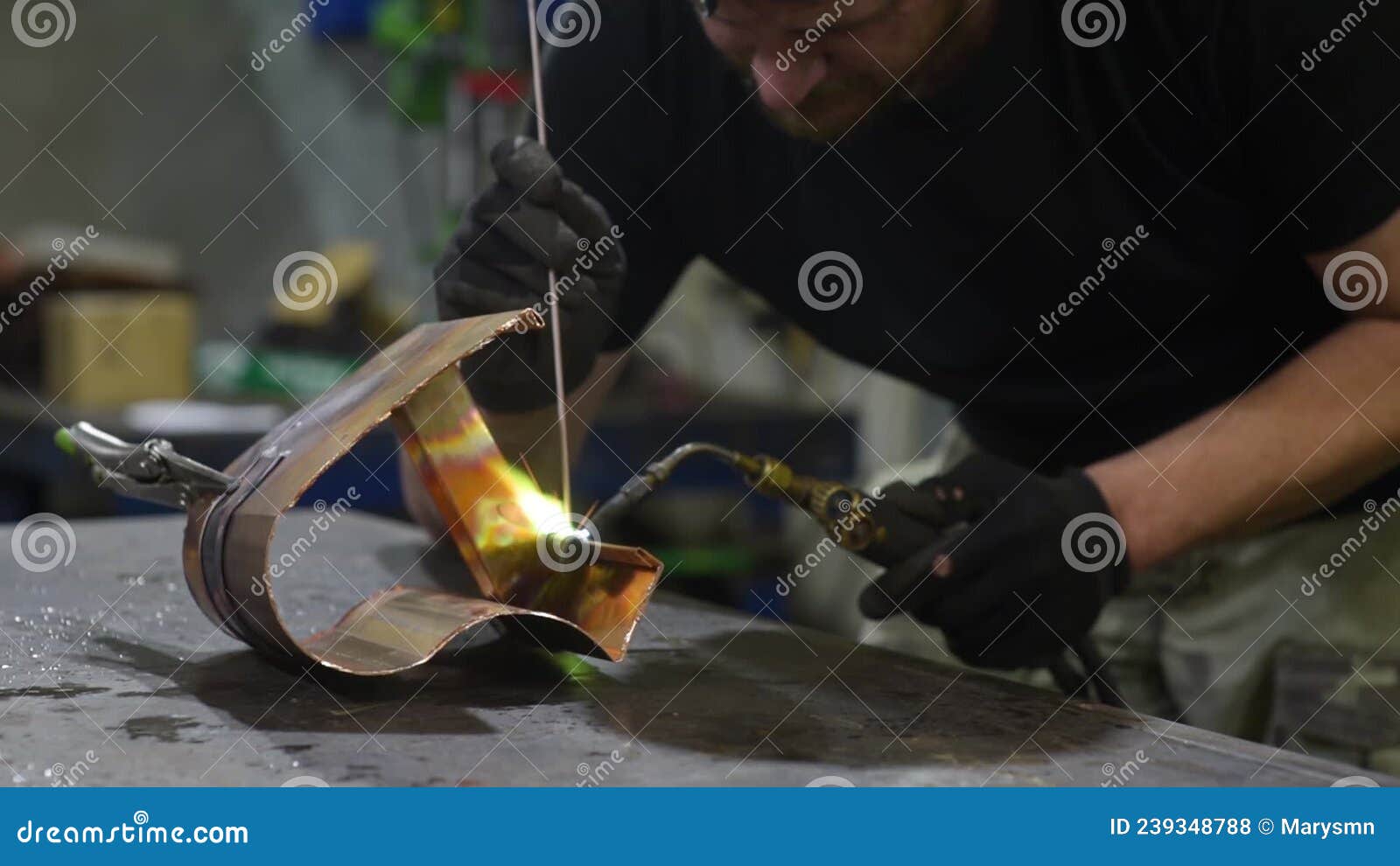 Metalwork Craftsman Working with Metal Using Gas Blowtorch. Worker Man ...