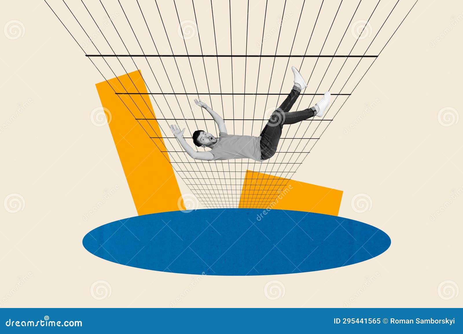 Metaphor Illustration Collage Concept of Young Stressed Guy Falling into Chasm with His Problems ...