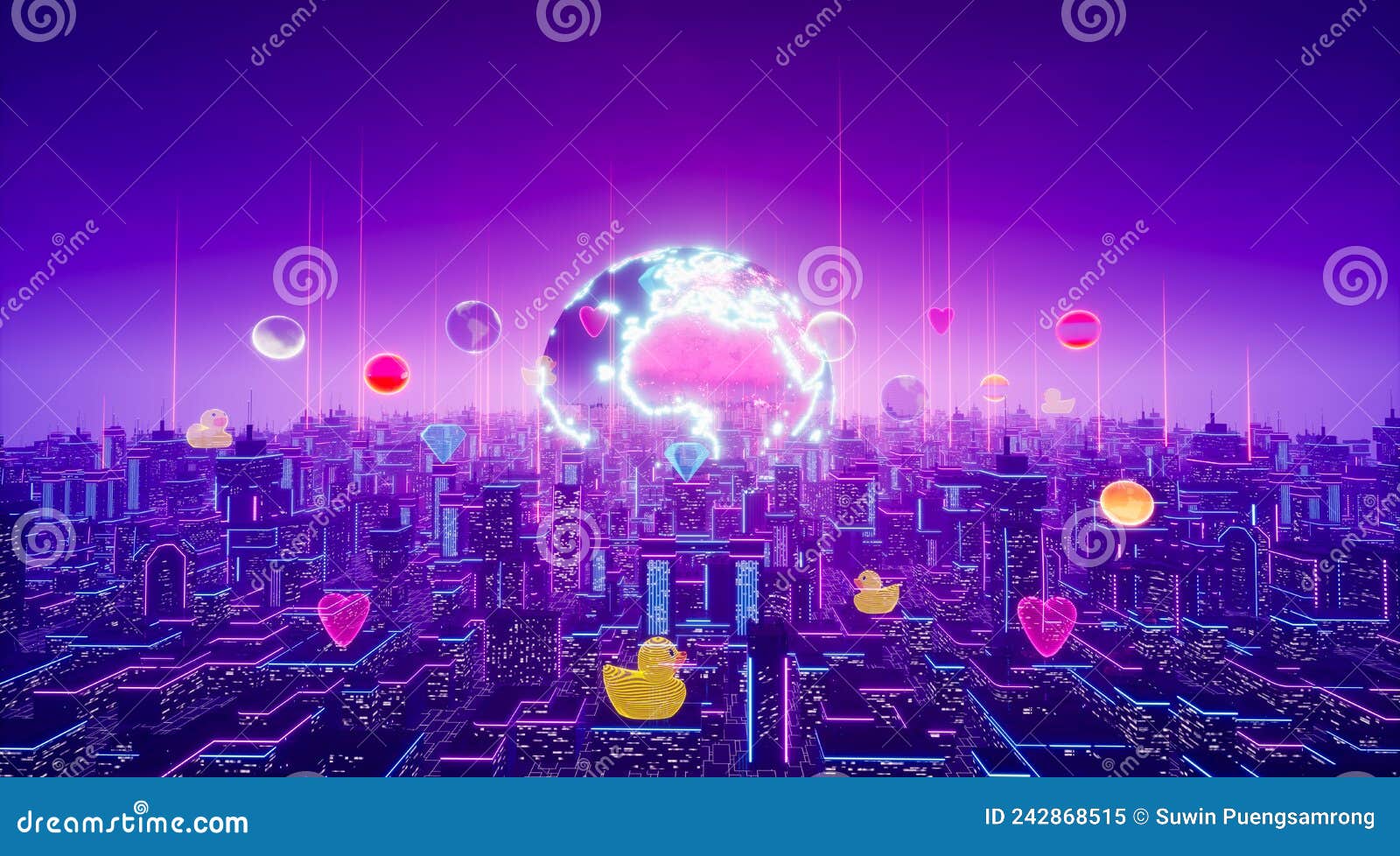 Metaverse City with Item Concept. 3d Render Stock Illustration ...