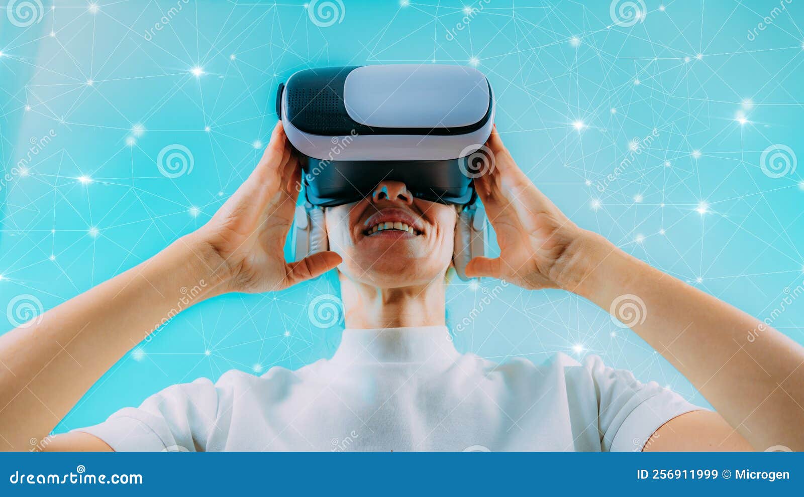 Metaverse Concept. Woman with VR Headset Interacting with Artificial ...