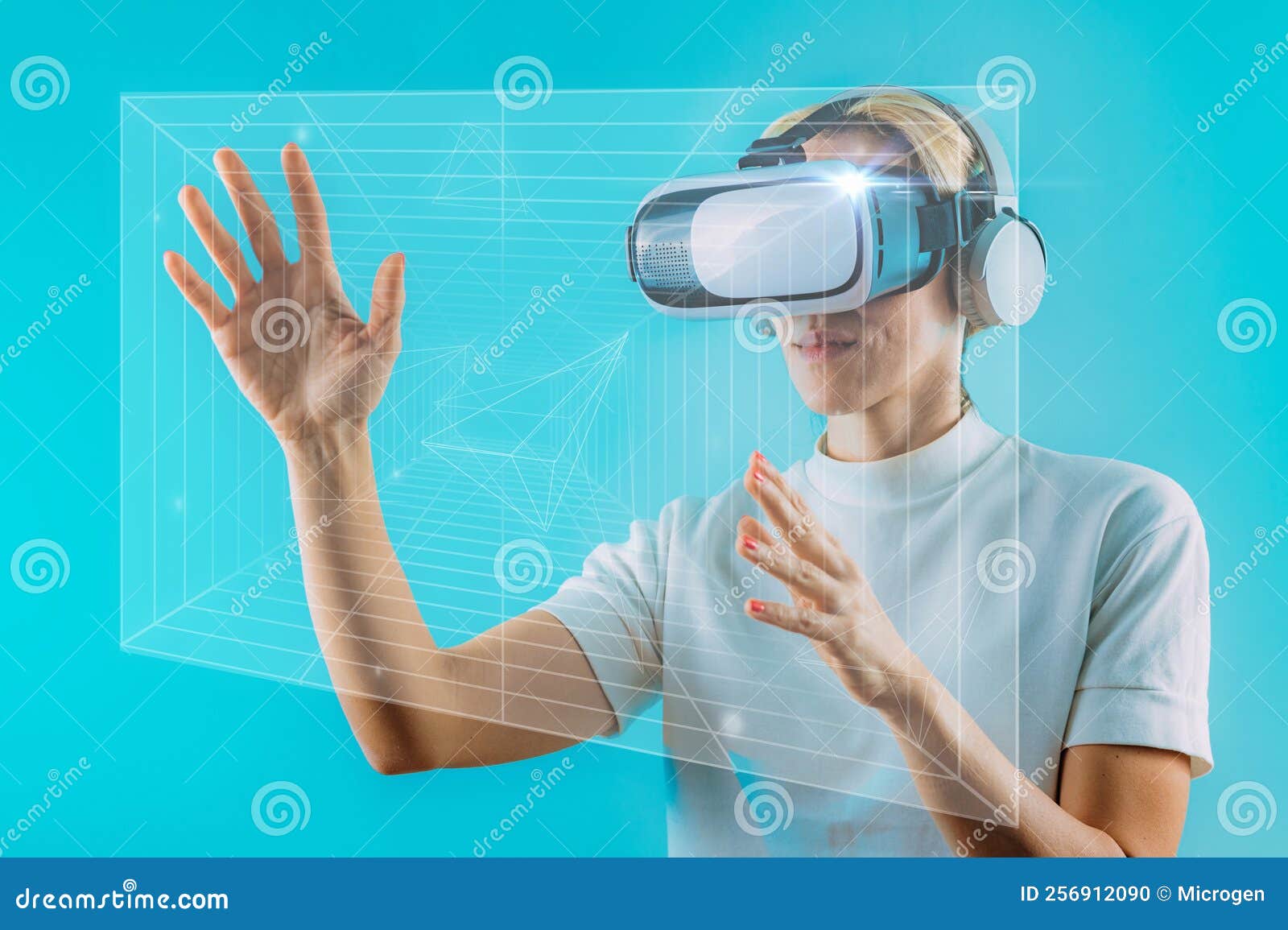 Metaverse Concept. Woman with VR Headset Touching Digital, Interactive ...